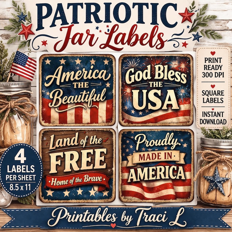 Patriotic Jar, Labels Printable, Vintage Americana Decor Instant ...