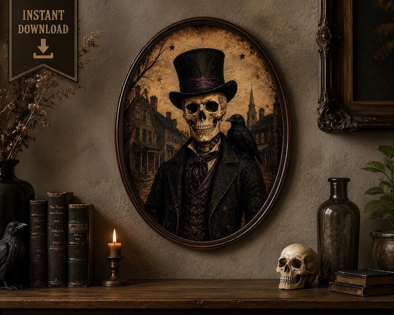 Gothic Skeleton Raven Oval Print, Vintage Victorian Halloween Wall Art ...