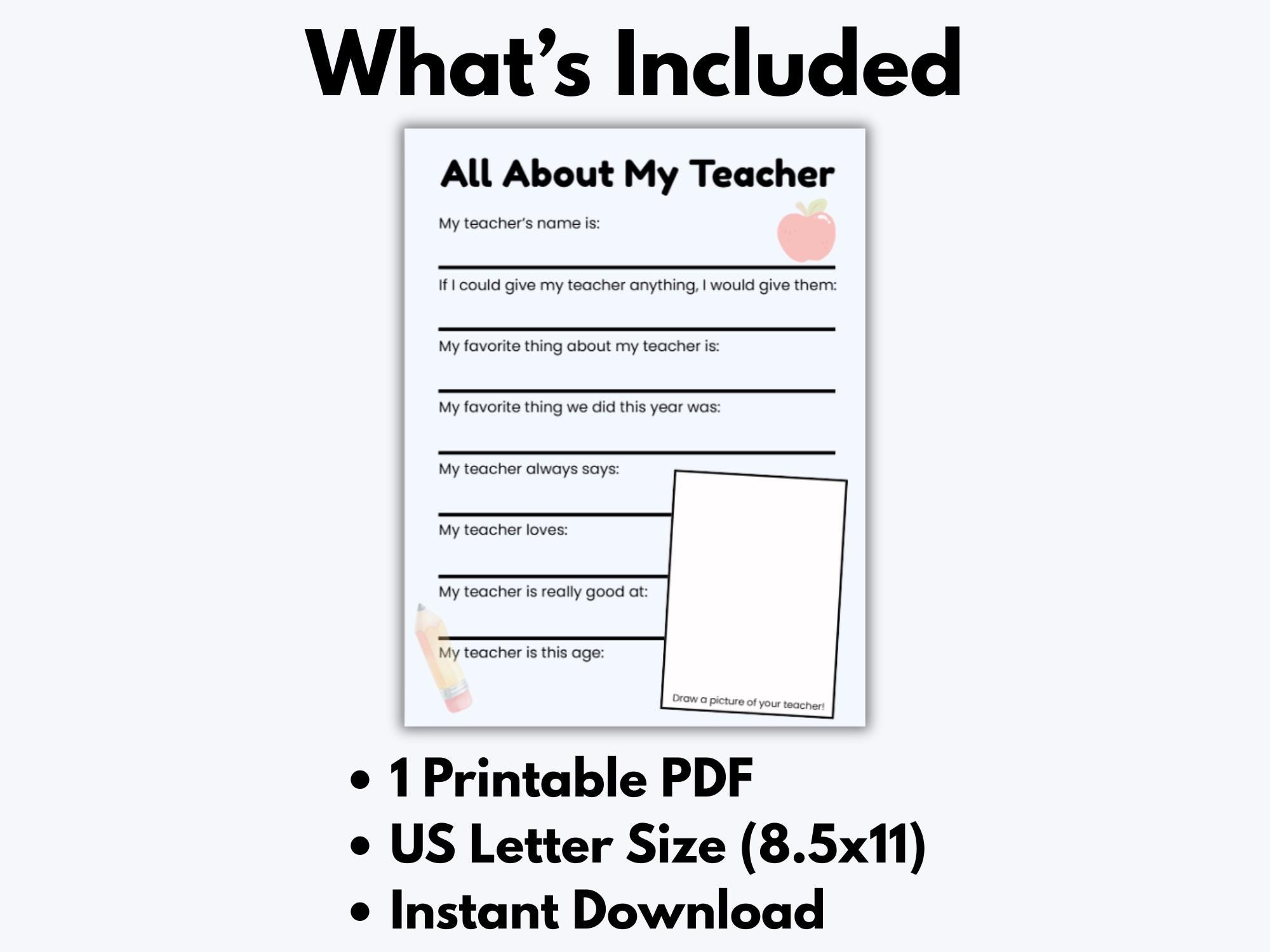 All About My Teacher Printable Worksheet | Kids Fill-in Page (instant ...