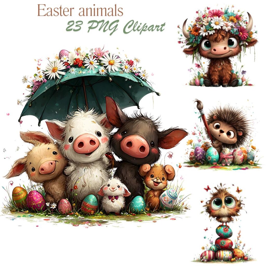 Easter Baby Animals Clipart, Spring Farm Animals With Eggs (digital ...