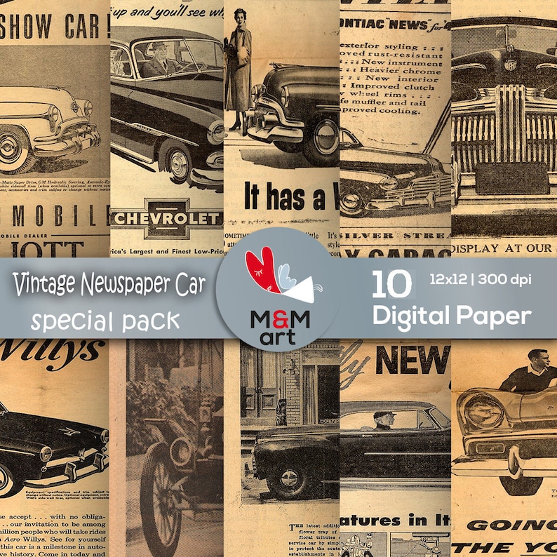Print Vintage Newspaper Car Background Backdrop 10 Digital Paper, Paper ...
