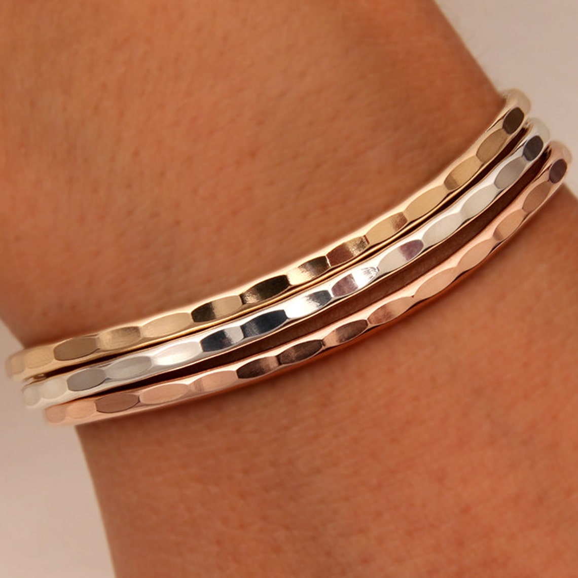 Thin Hammered Cuff Bracelets, Gold, Rose Gold, Silver (351.ygf.rgf.s.3 ...