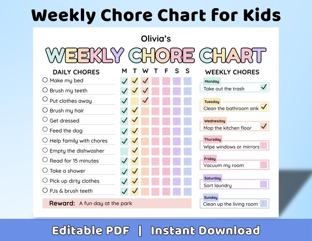 Kids Chore Chart | Editable Printable | Kids Daily Weekly ...
