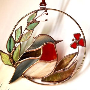 Stained Glass Red Robin Bird Round Suncatcher. Circle Shape 6in ...