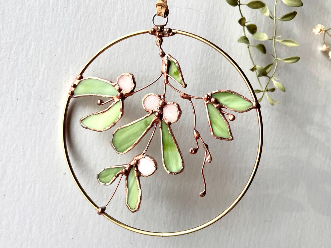 Stained Glass Mistletoe. Round Suncatcher. Circle Shape. Home Decor ...