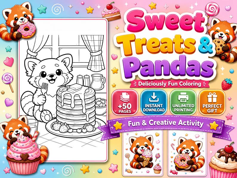 Red Panda Sweet Treats Coloring Book, Kids Ages 4-8 Activity Pages (PDF ...