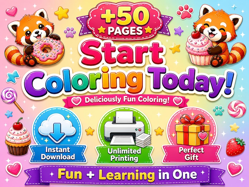 Red Panda Sweet Treats Coloring Book, Kids Ages 4-8 Activity Pages (PDF ...