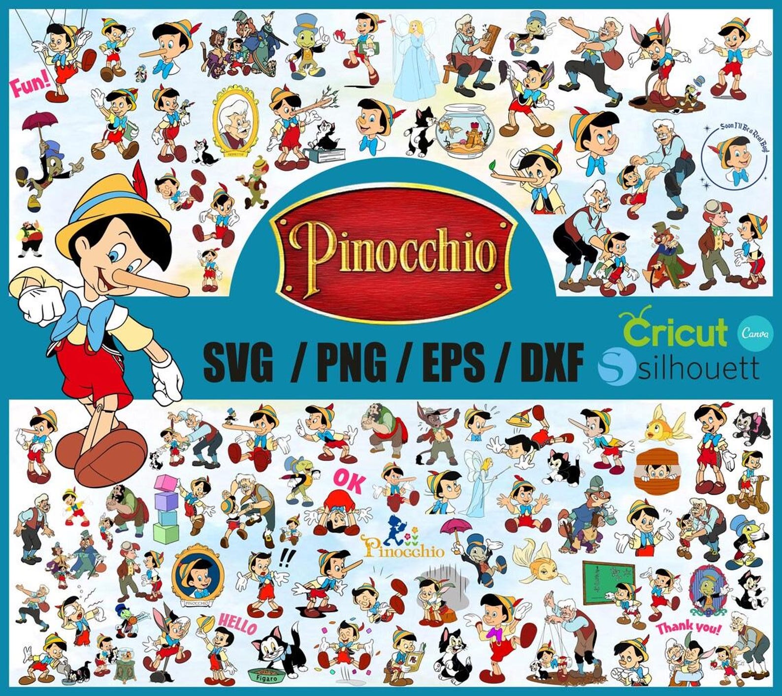 Pinocchio SVG Bundle: Geppetto, Figaro Clipart (digital Download) - Etsy
