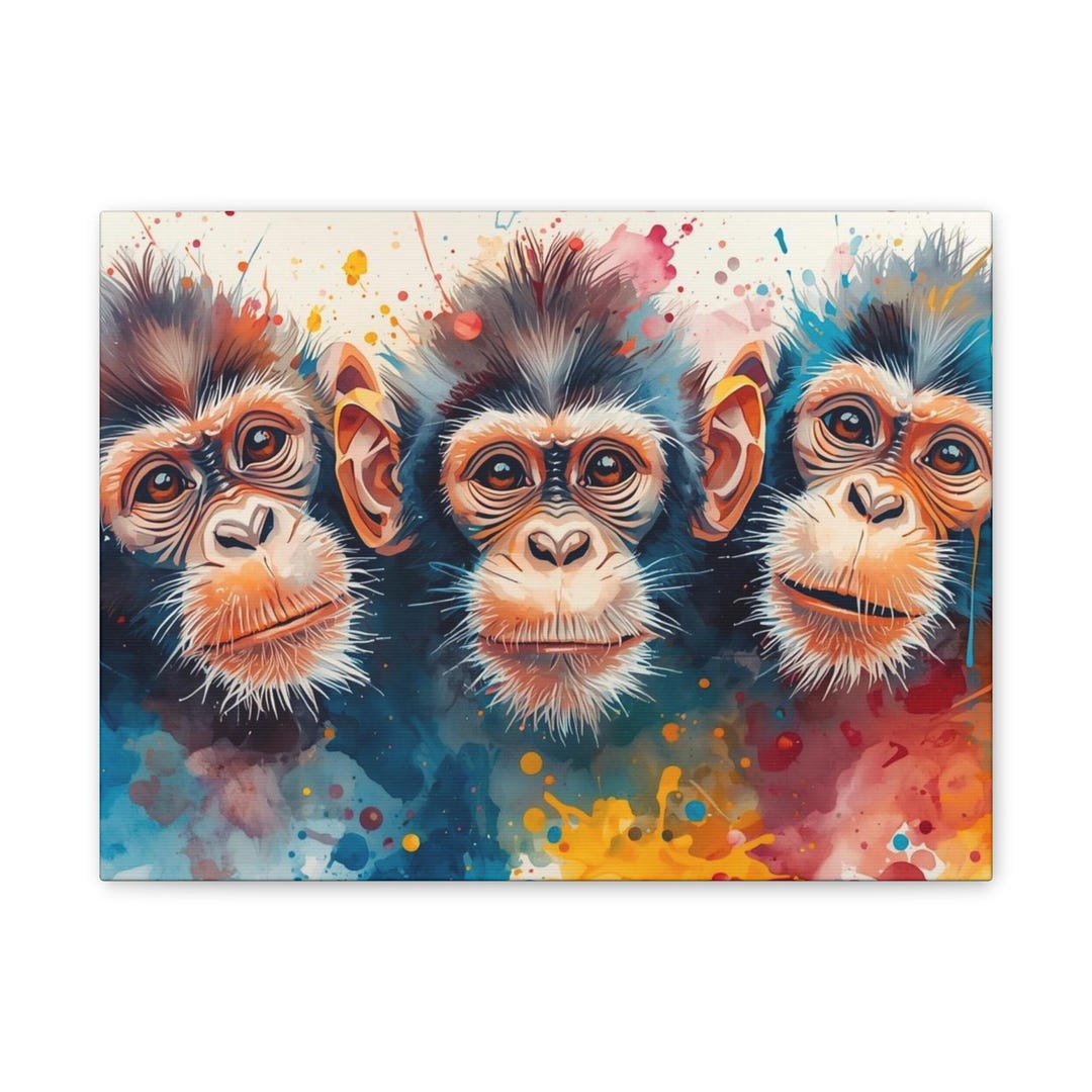 Colorful Three Monkeys Canvas Stretched 0.75" | Vibrant Monkey Wall Art ...