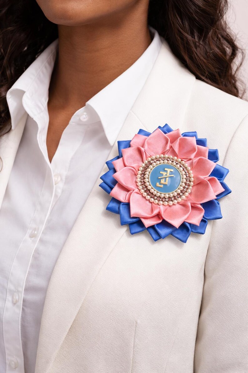 Jack and Jill Pink and Blue Satin Ribbon Flower Brooch With JJ Center ...