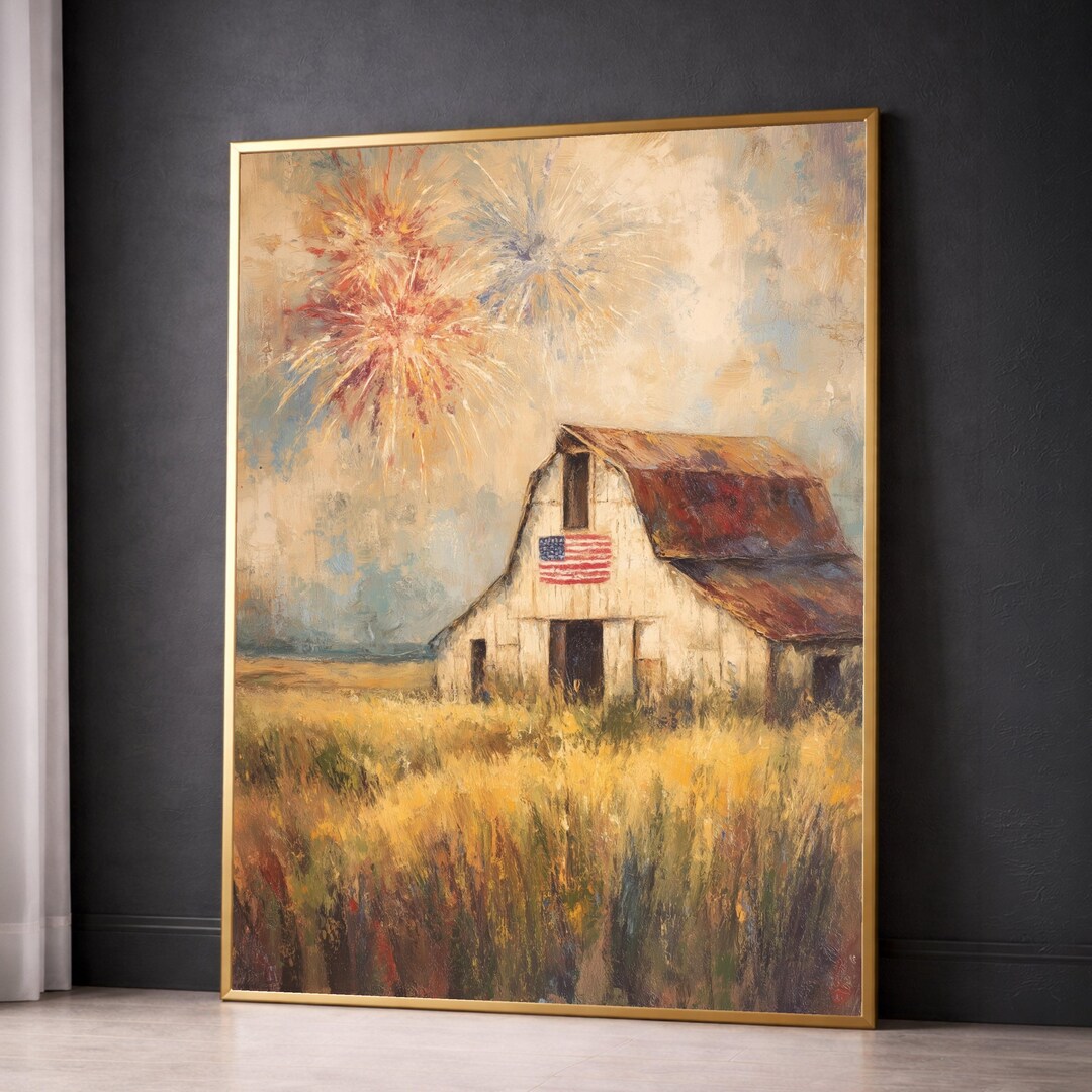 Rustic Barn With Fireworks Art Print, Vintage Farmhouse Wall Art ...