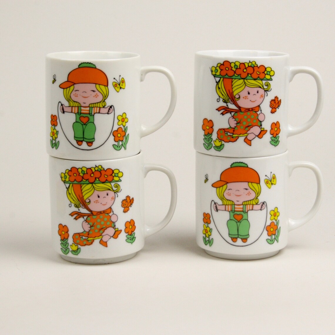 Flower Power Girls Mug Set Four Mugs With One Fitz and Floyd | Etsy