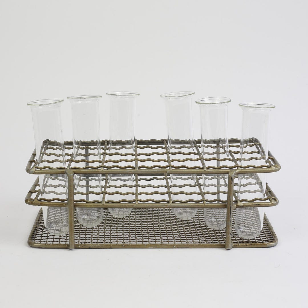 Vintage Laboratory Sturdy Metal Test Tube Holder, 6 Glass Test Tubes ...