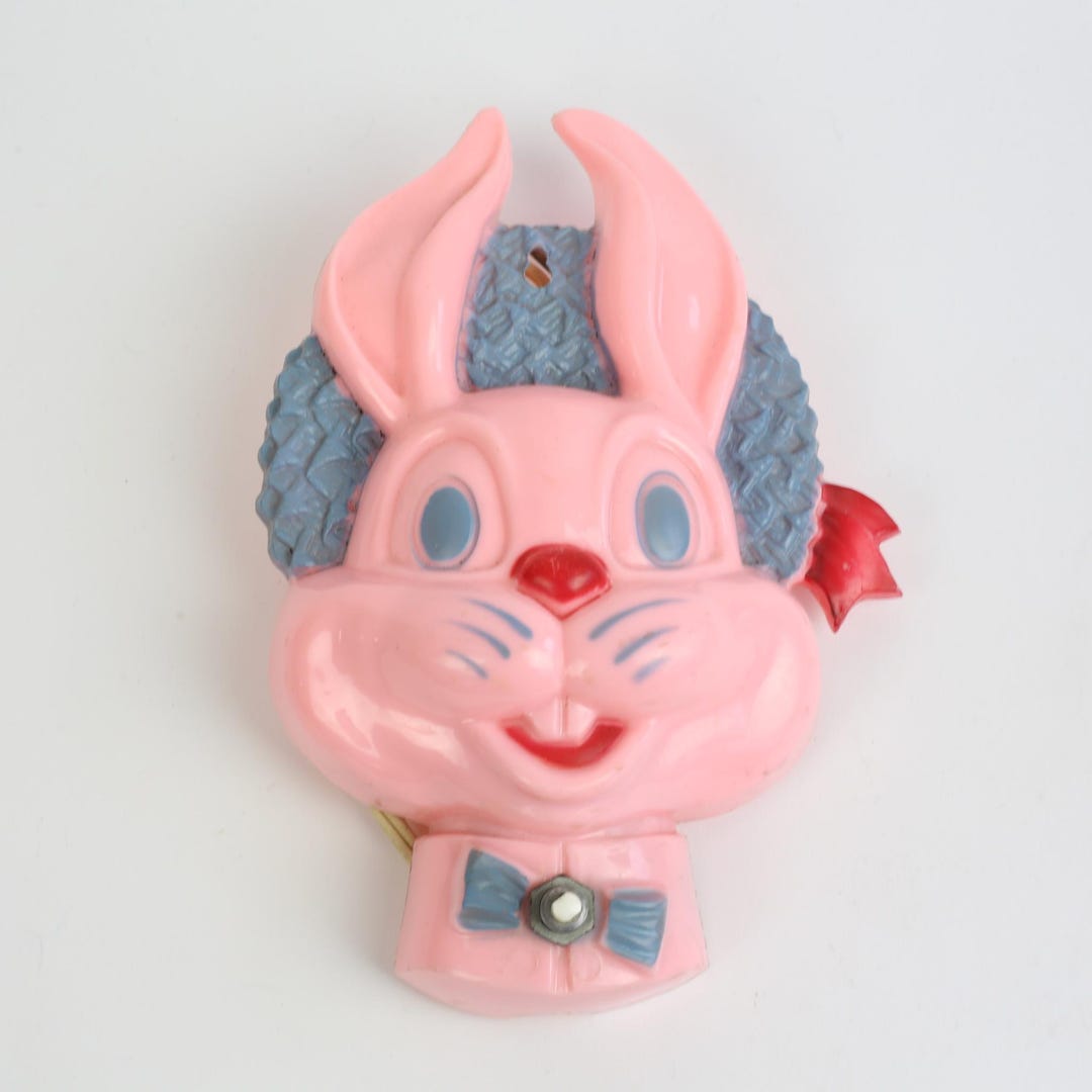Mid Century Pink Rabbit Head in Blue Straw Hat, Hard Molded Plastic ...