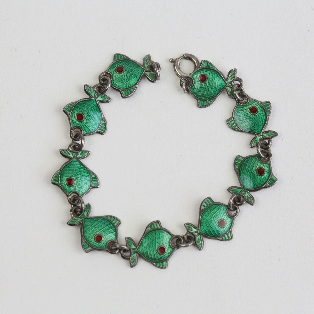Danish Mid Century Fish Bracelet, Volmer Bahner, Green Fish With Red ...