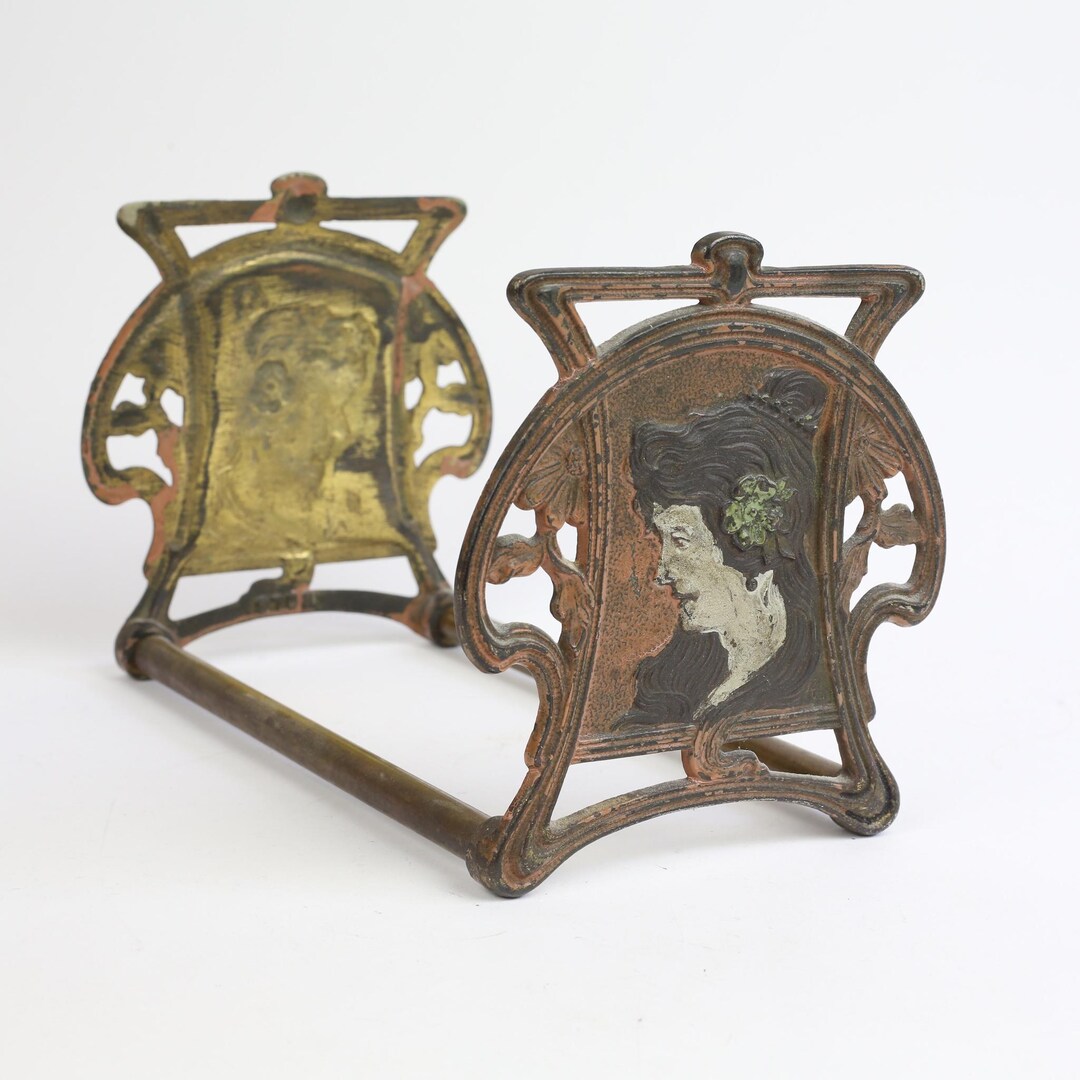 Art Nouveau Sliding Book Rack, Woman With Flower in Her Hair, Antique ...