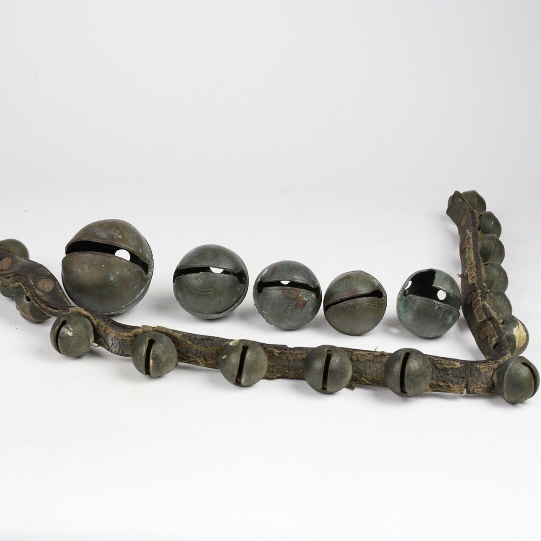 Antique Collection of 20 Sleigh Bells, 15 Size 2 on Aged Harness ...