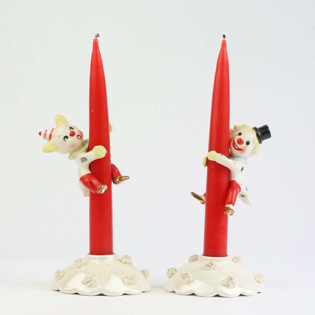Clown Candle Huggers on 2 Red Wax Candles in Holt Howard Tufted Candle ...
