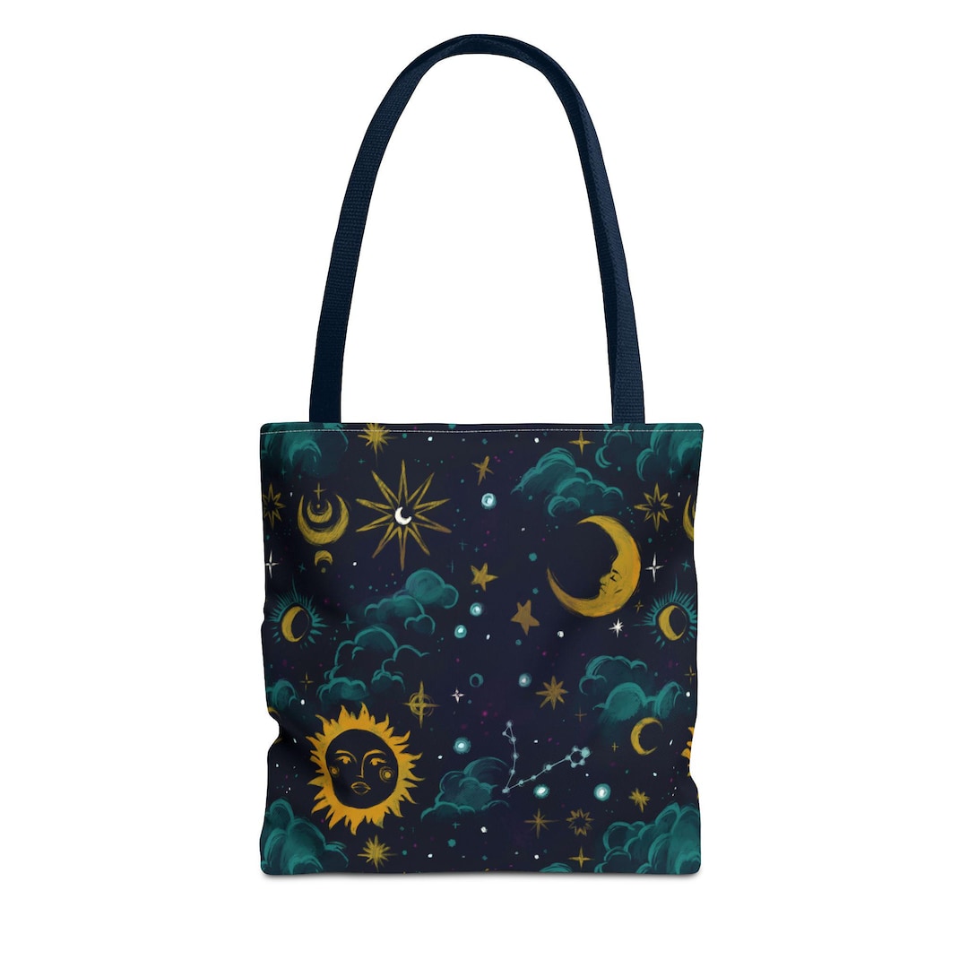 Celestial Tote Bag in Three Sizes, Blue and Gold Sun Moon and Stars ...