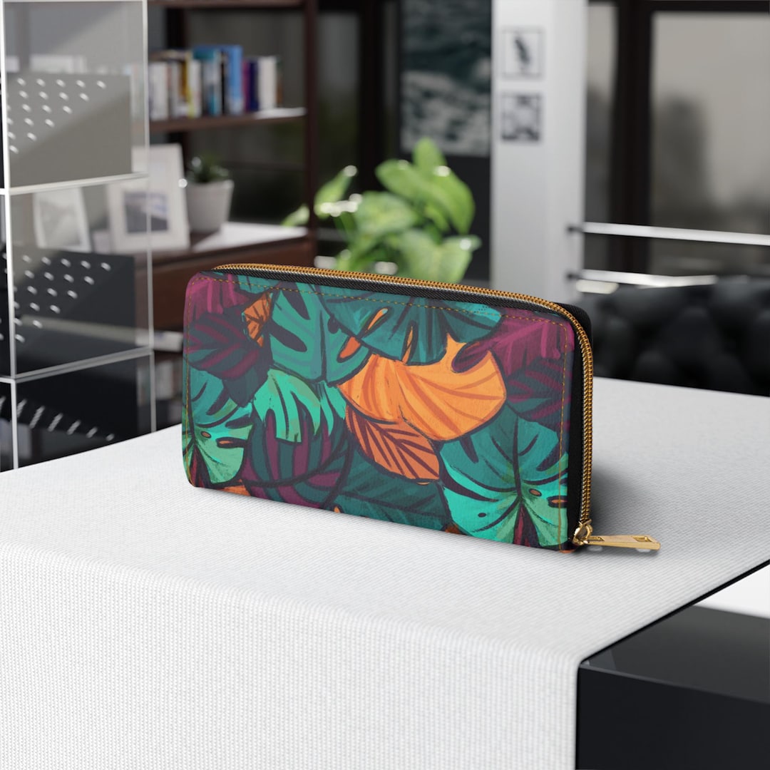 Tropical Leaves Wallet, Vegan Leather, Plants Art Print Clutch, Cute ...
