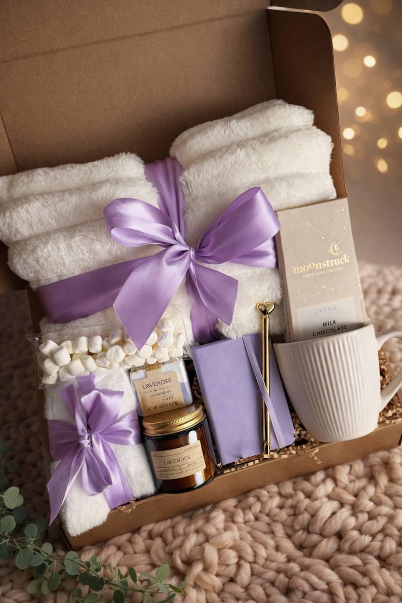 Self-care Spa Gift Box, Cozy Blanket, Lavender Candle, Hydration Mug ...