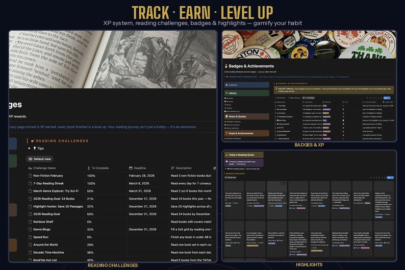 Notion Book Tracker Template | Gamified Reading Journal, XP Badges ...