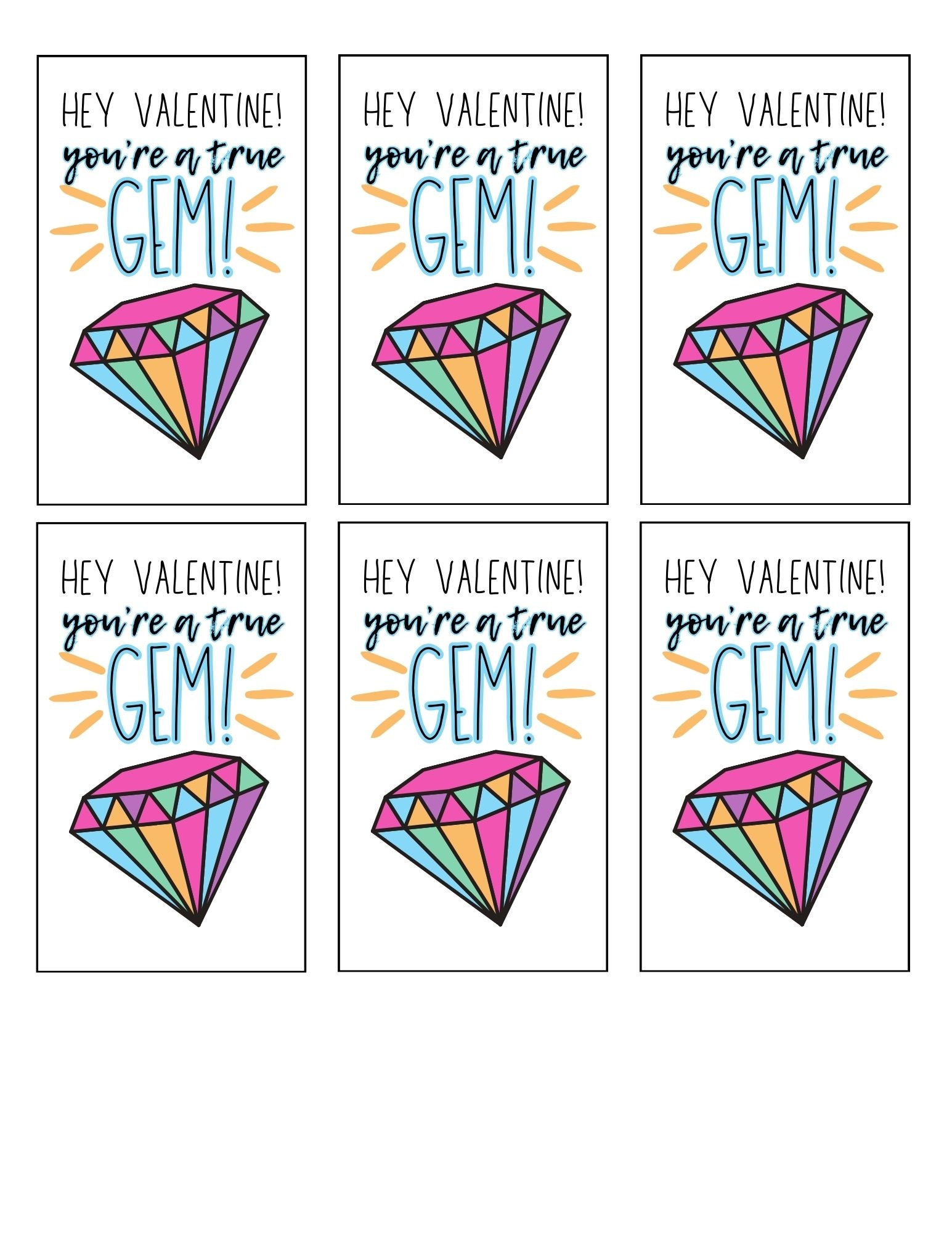 Hey Valentine! You're a TRUE Gem! Kids Valentine Printables, Printable ...