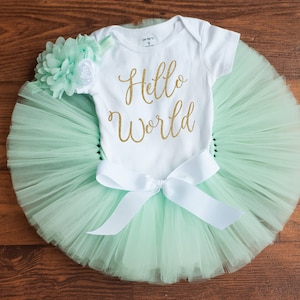 Hello World Outfit 'sadie' Mint and Gold Newborn Girl Coming Home ...