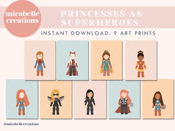 Princesses as Super Heroes Art Bundle, Nursery Art, Kids Art, DIGITAL ...