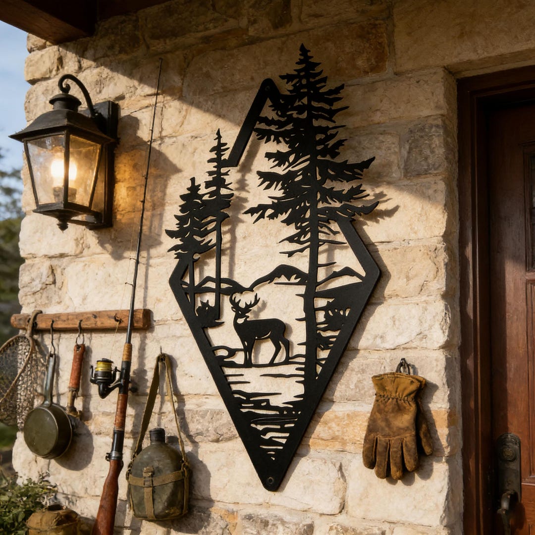 Diamond Deer Metal Wall Art, Mountain Pine Tree Nature Decor, Rustic ...