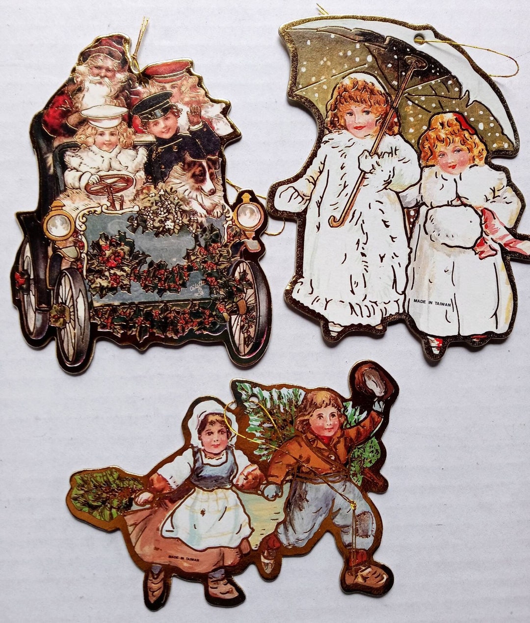 3 Vintage Cardboard Chipboard Children Christmas Ornament / Gold Edge ...
