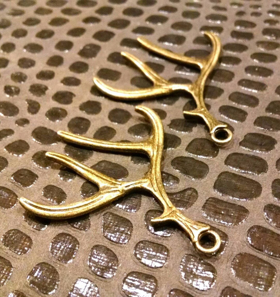 2 Antique Gold Tone Large Antler Charms / Jewelry Findings / Altered ...