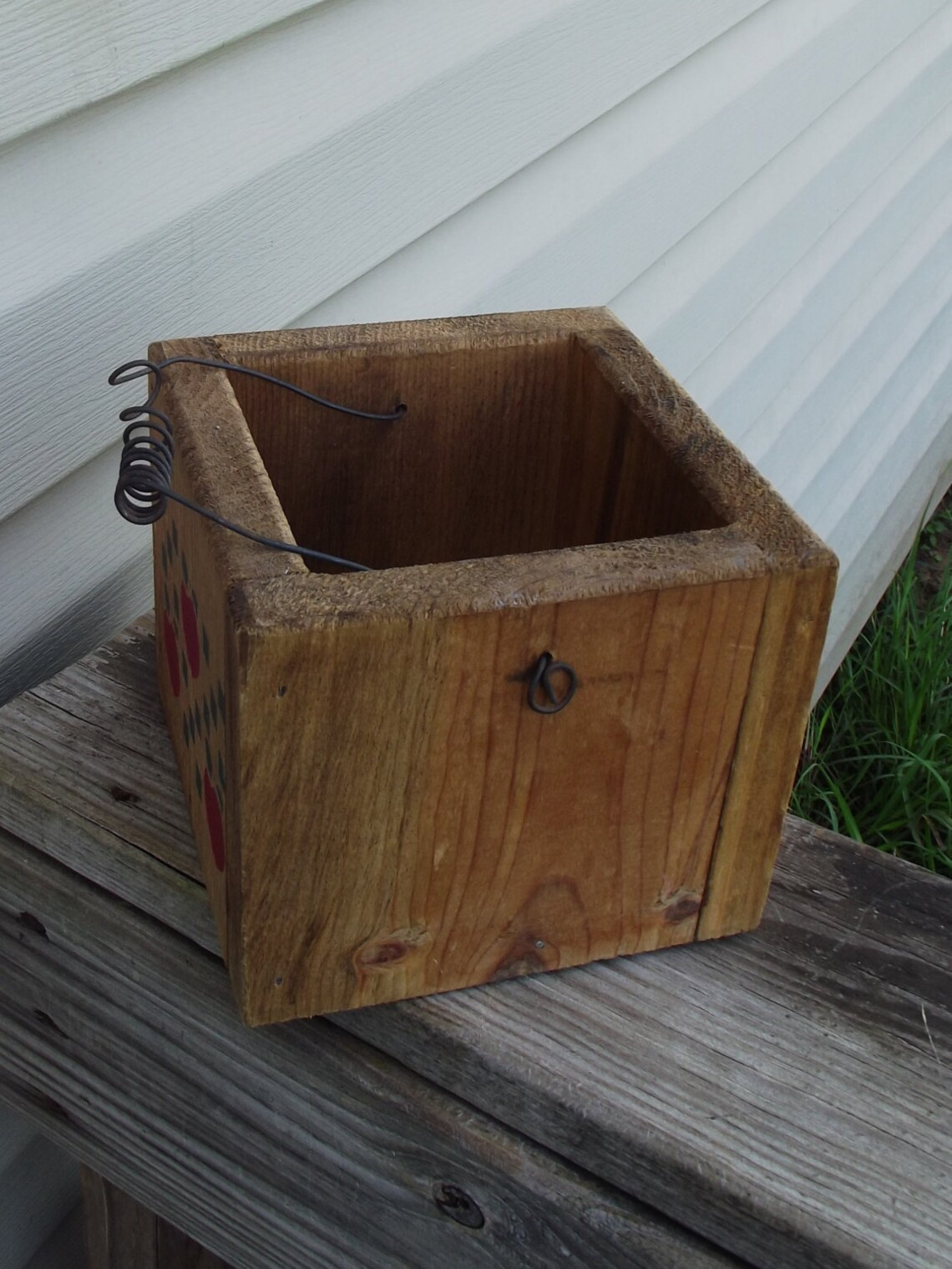 Vintage Primitive Wooden Box With Wire Handle / Folk Art Box / | Etsy