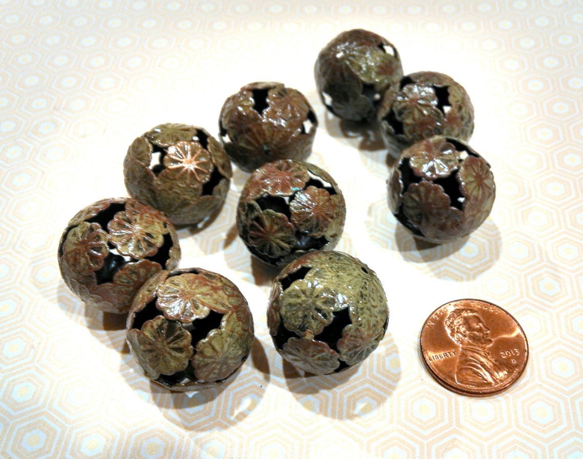 Hand Distressed Round Filigree Metal Beads / Handmade / Shabby | Etsy