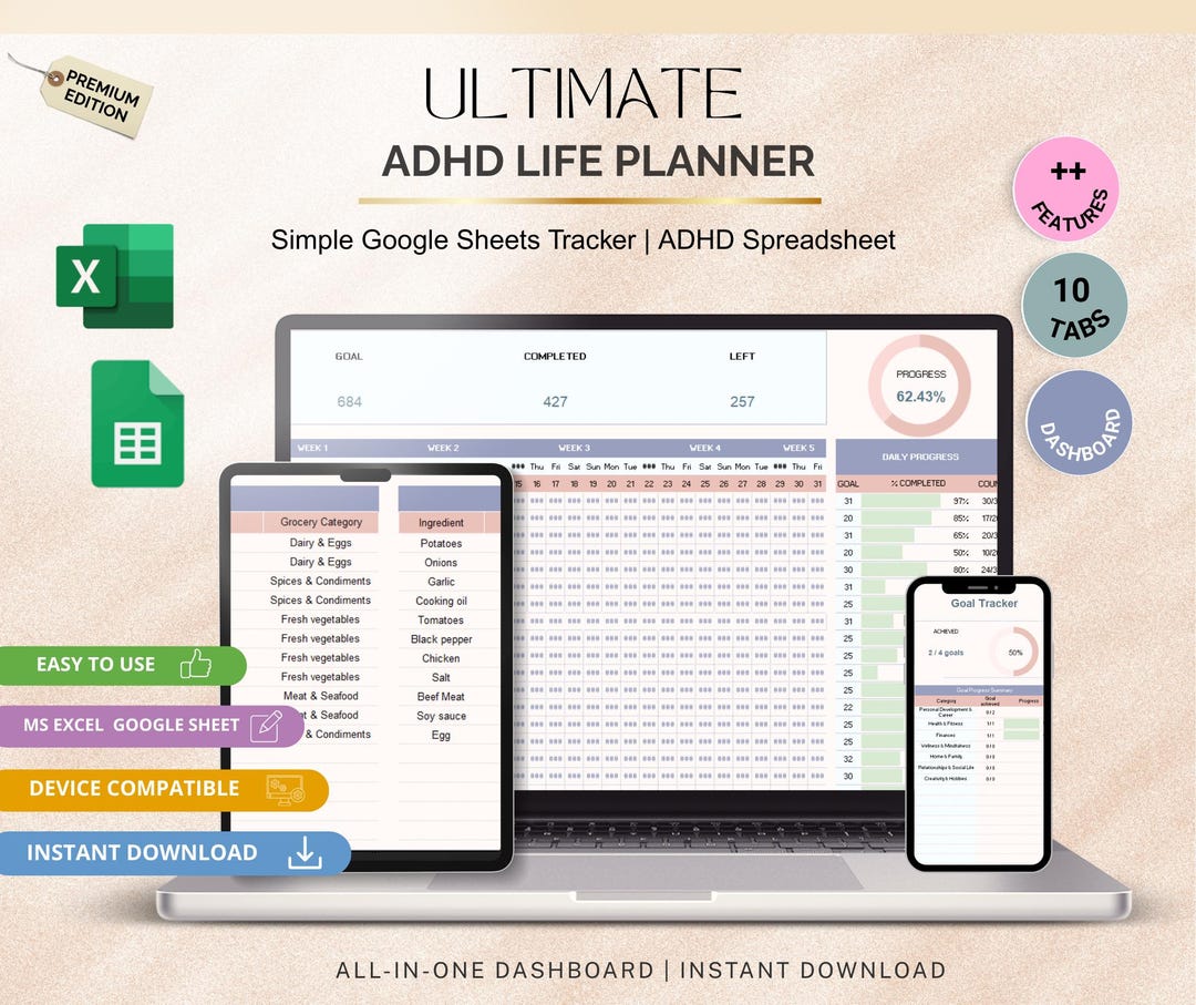 ADHD Life Planner Spreadsheet | Neurodivergent Digital Organizer ...