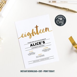 Modern Gold Foil 18th Birthday Printable Digital Instant Download Gold ...