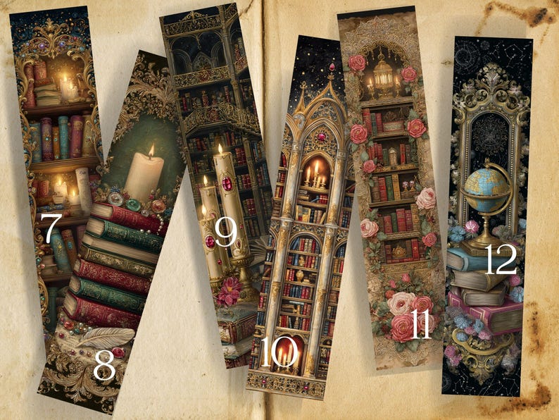 Victorian Library Bookmark Set Gothic Bookshelves Ornate Reading Art ...
