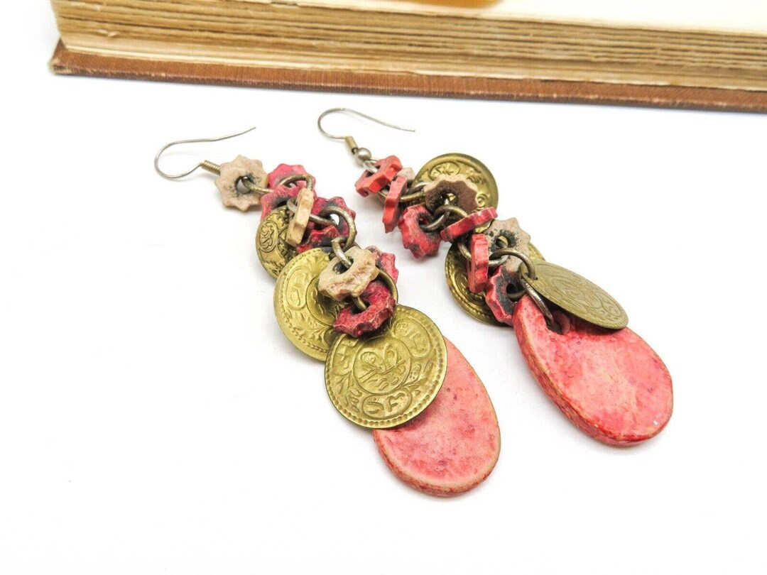Vintage Long Antiqued Gold Coin Pink Cream Carved Bead Boho Dangle ...