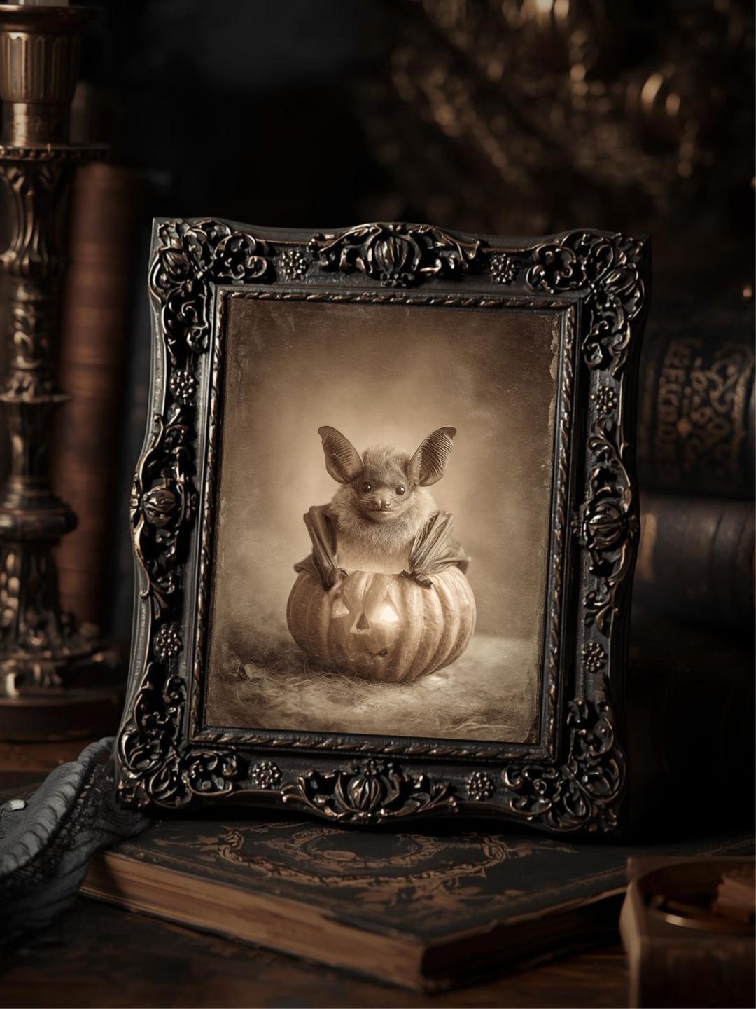 Vintage Victorian Pumpkin Bat Halloween Wall Print Gothic Antique Style ...