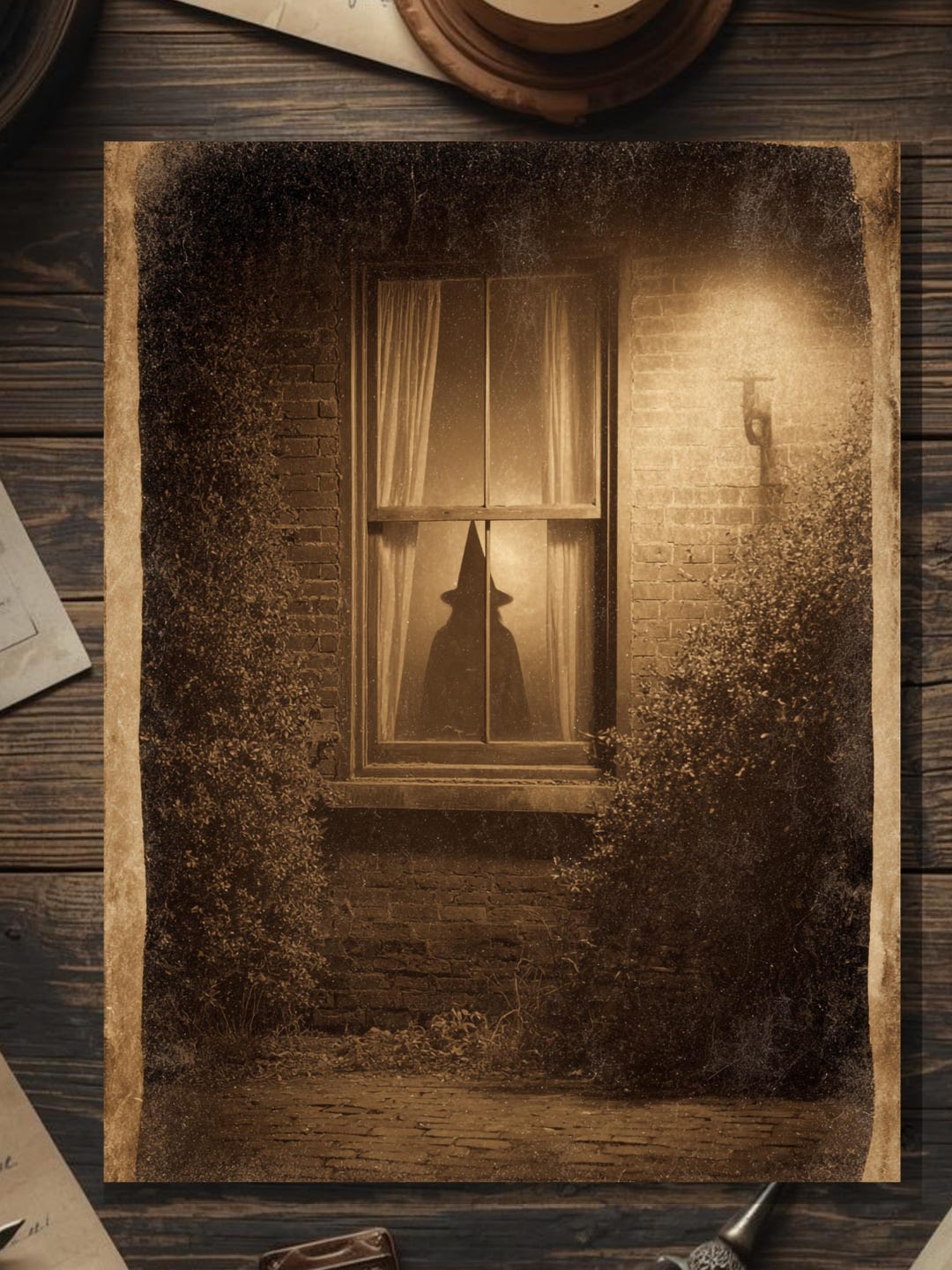 Witch in the Window Gothic Halloween Greeting Card Vintage Sepia Creepy ...