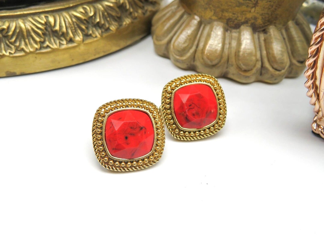 Retro Gold Tone Red Square Clip on Earrings O55 - Etsy