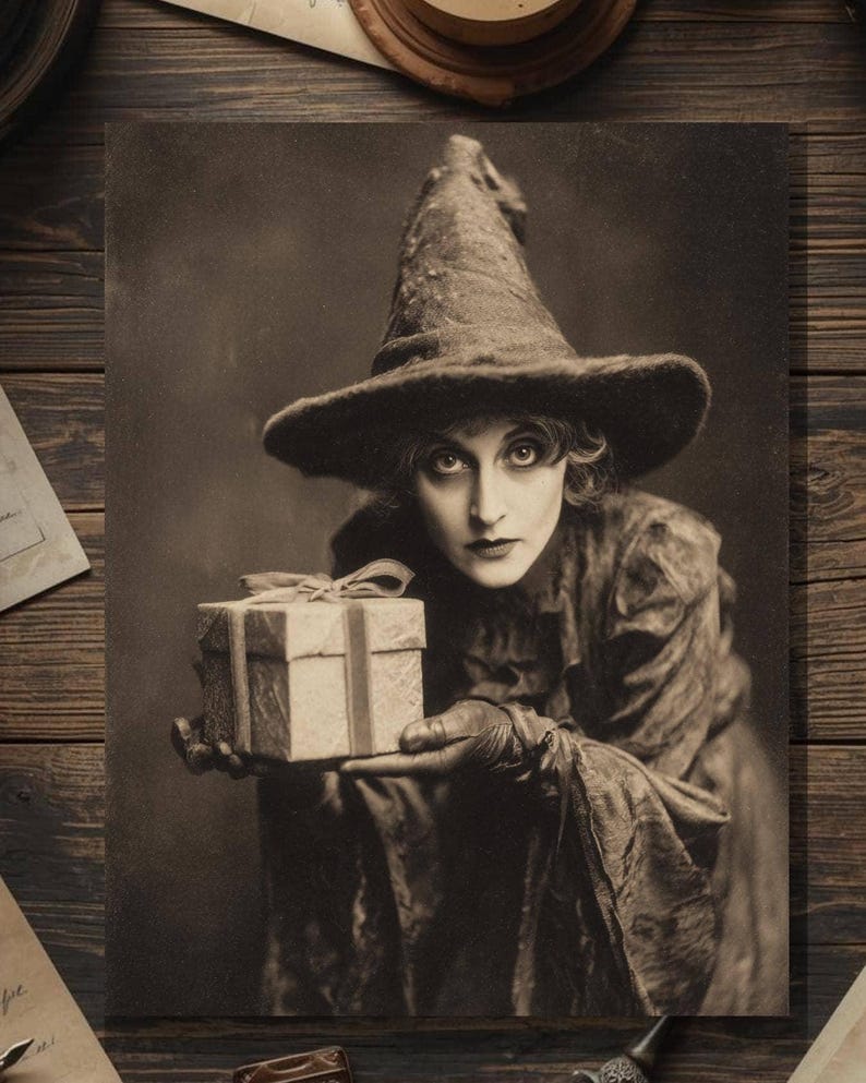Victorian Witch Offering Gift Christmas Birthday Card Gothic Holiday ...