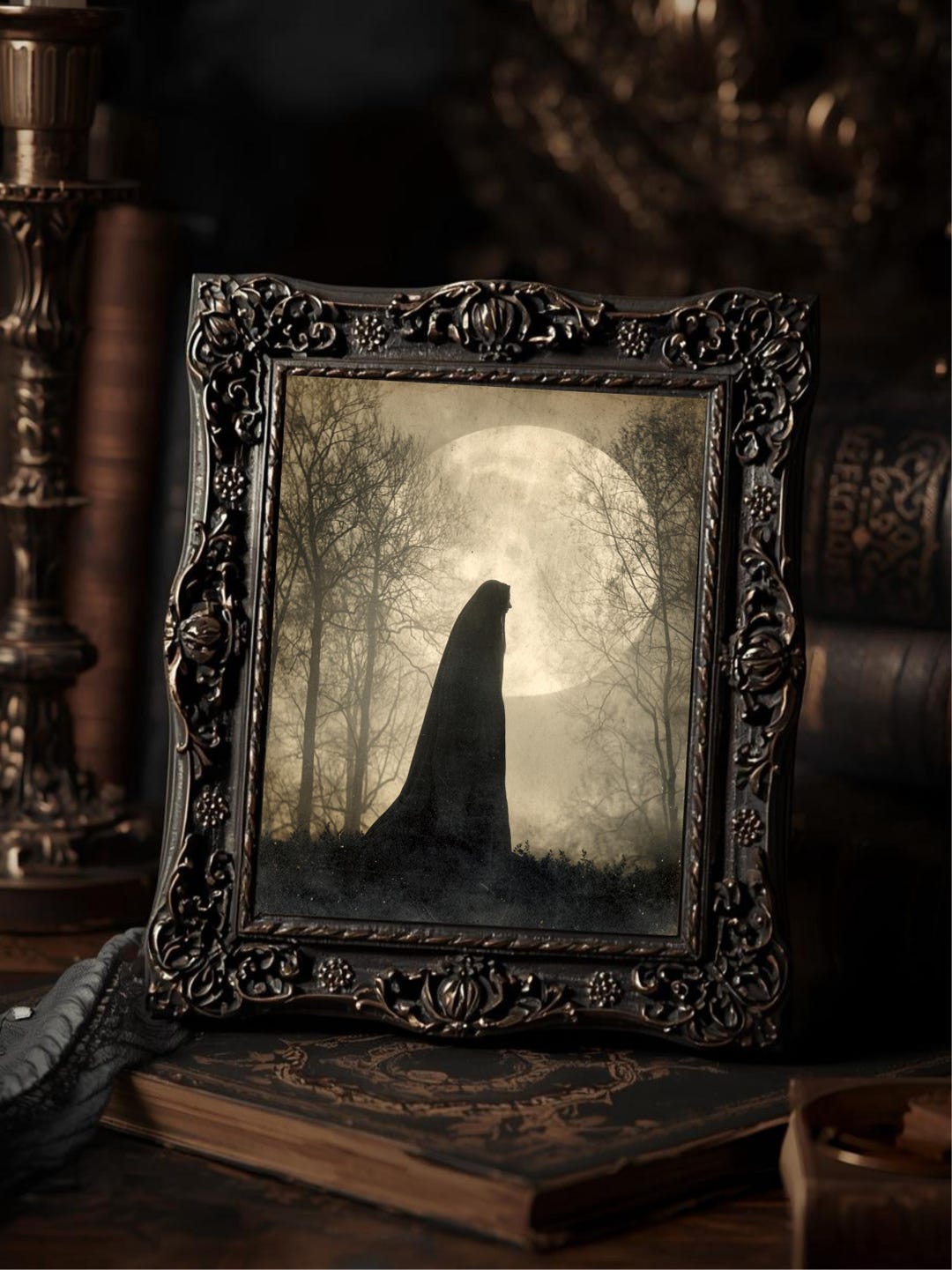 Cloaked Figure Under Full Moon Wall Art Print 5x7 Gothic Dark Fantasy ...