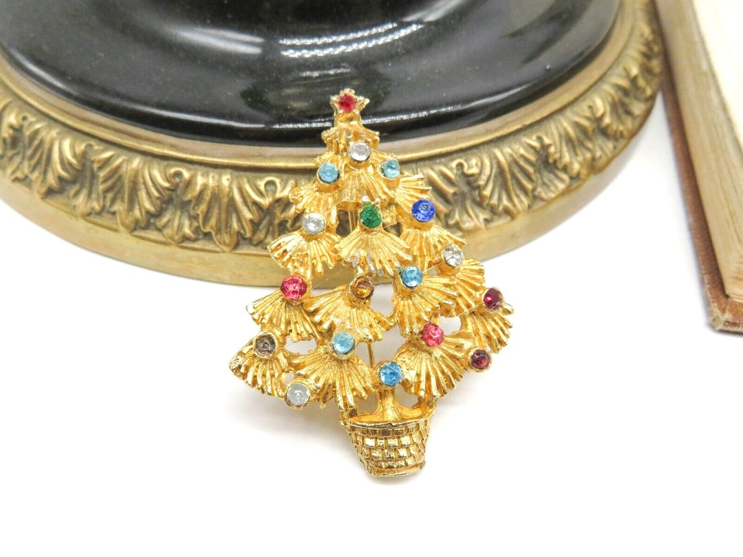 Vintage LJM Gold Tone Multi-color Rhinestone Christmas Tree Brooch Pin ...