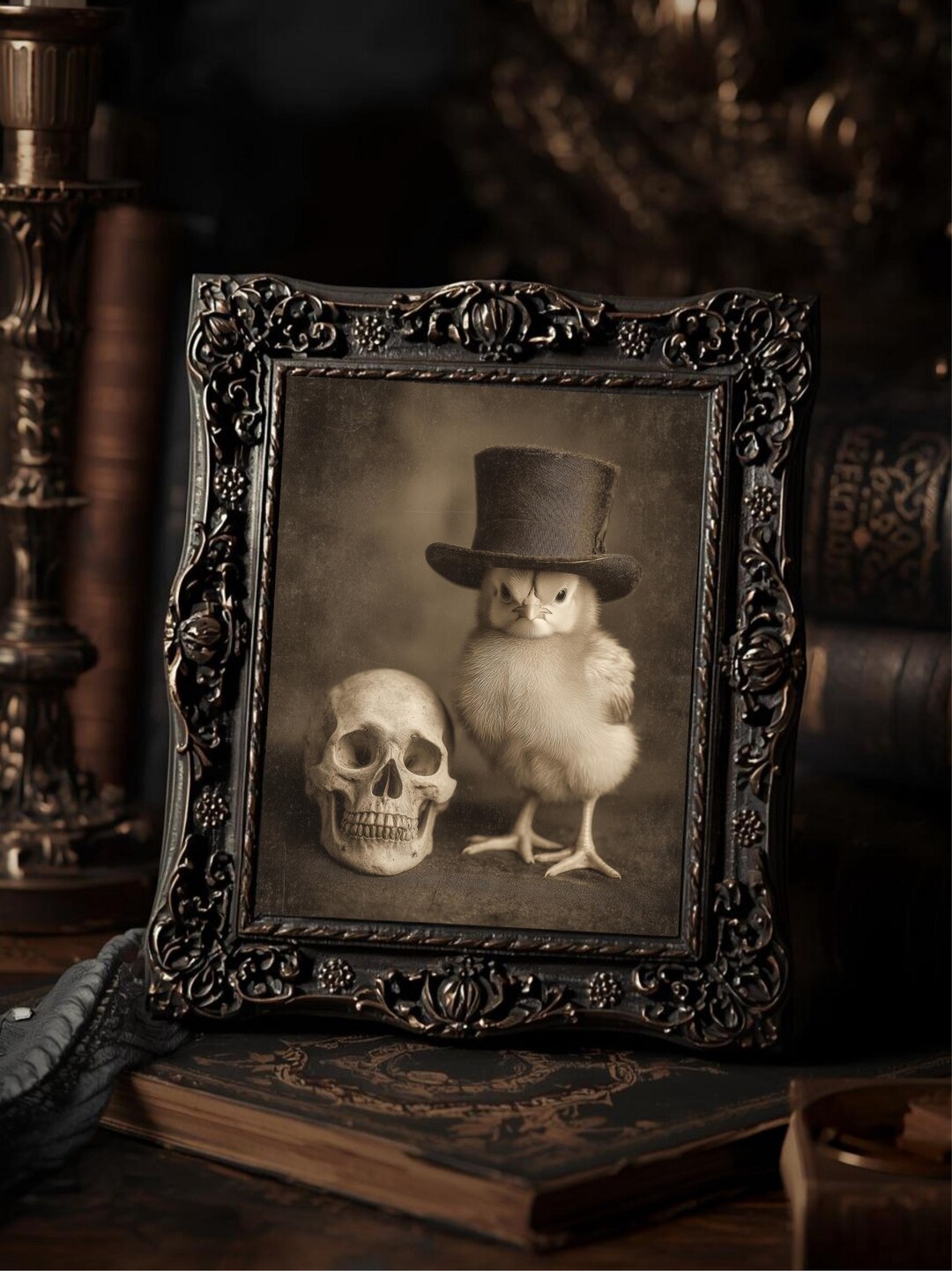 Angry Gothic Chicken With Skull Top Hat Dark Cute 5x7 Art Print Sepia ...