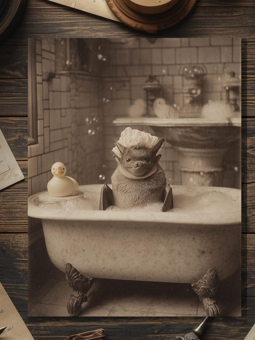 Bat Taking A Bubble Bath Victorian Cabinet Card Style Cute Brown Bat ...