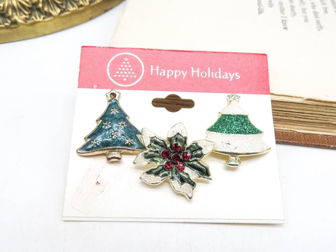 Retro New Old Stock Green White Enamel Red Rhinestone Christmas Pin Set ...