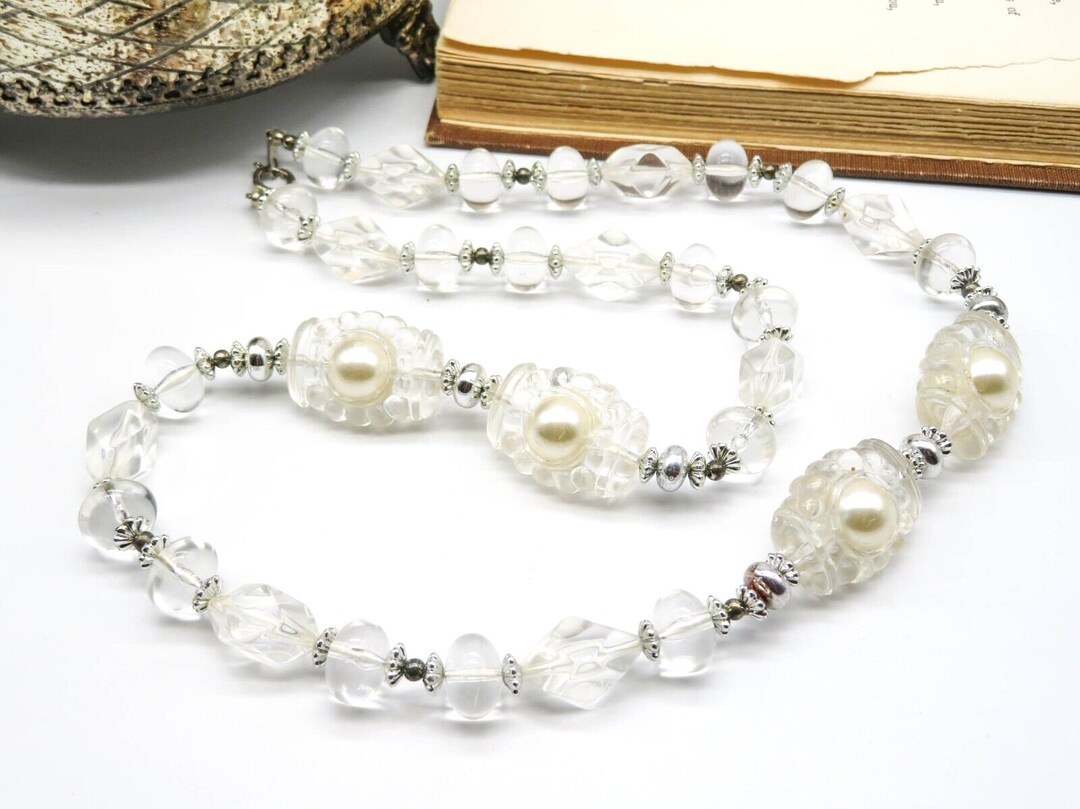 Vintage Clear Lucite White Faux Pearl Silver Tone Bead Necklace L31 - Etsy