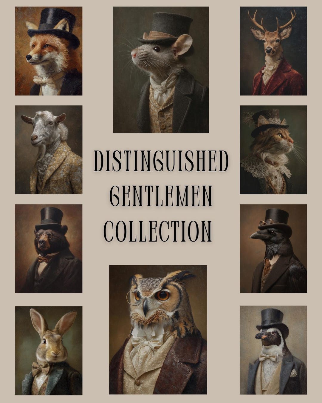 Distinguished Gentlemen Animal Portrait Art Print Set Vintage Victorian ...
