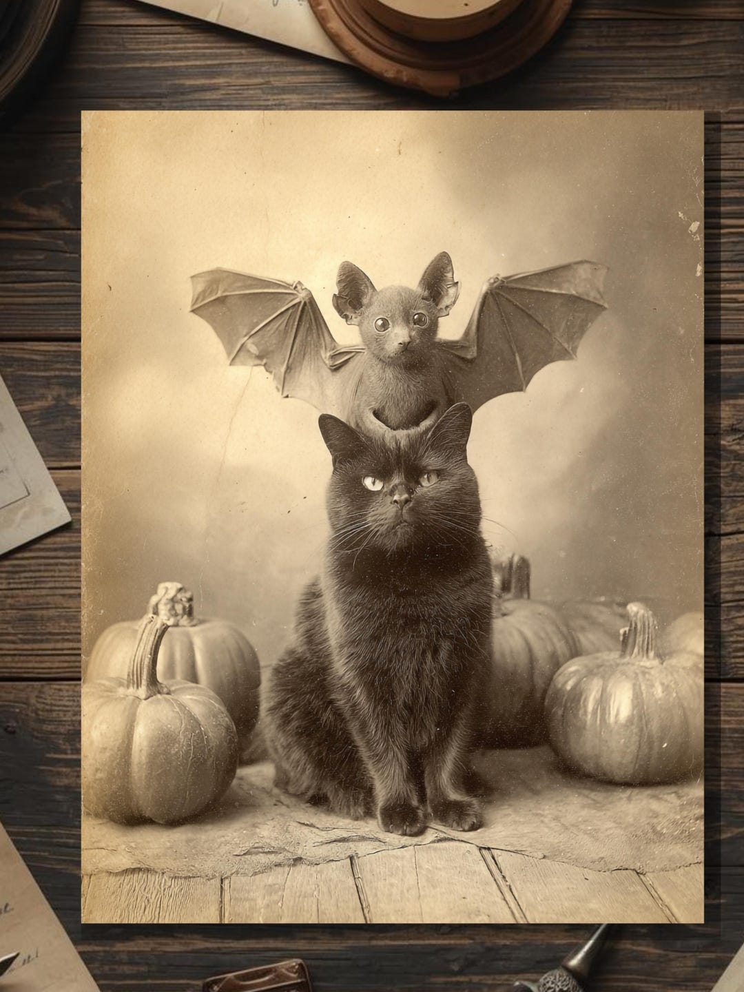 Vintage Victorian Bat Riding Black Cat Halloween Card Gothic Antique ...